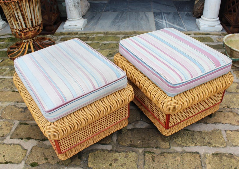 1980s Pair of Spanish Handcrafted Rattan and Wicker Puffs at 1stDibs