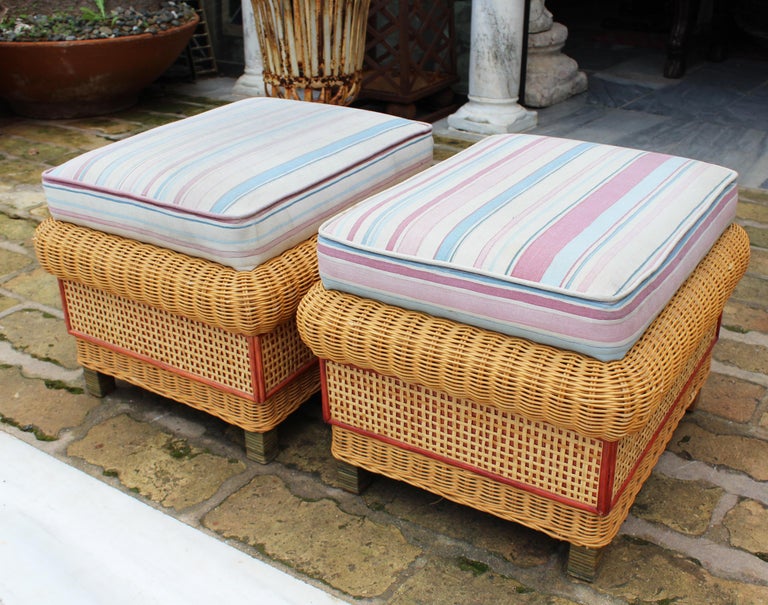 1980s Pair of Spanish Handcrafted Rattan and Wicker Puffs at 1stDibs