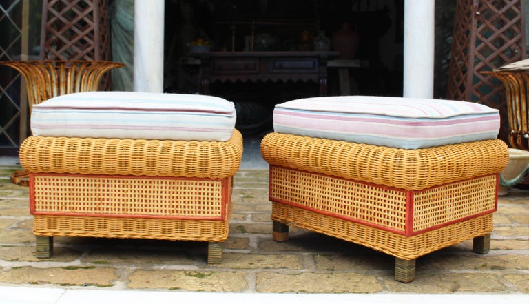 1980s Pair of Spanish Handcrafted Rattan and Wicker Puffs at 1stDibs