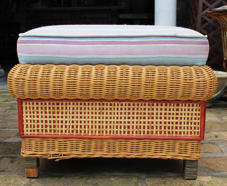 1980s Pair of Spanish Handcrafted Rattan and Wicker Puffs at 1stDibs