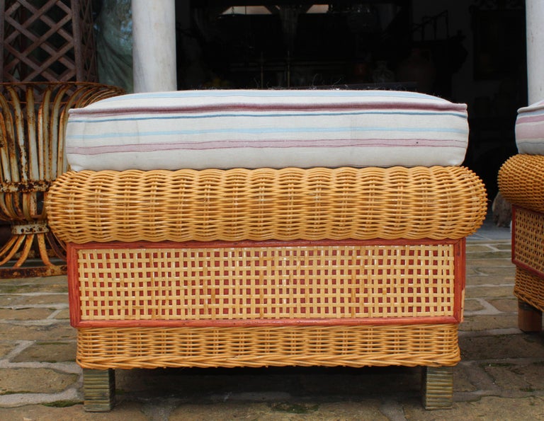 1980s Pair of Spanish Handcrafted Rattan and Wicker Puffs at 1stDibs