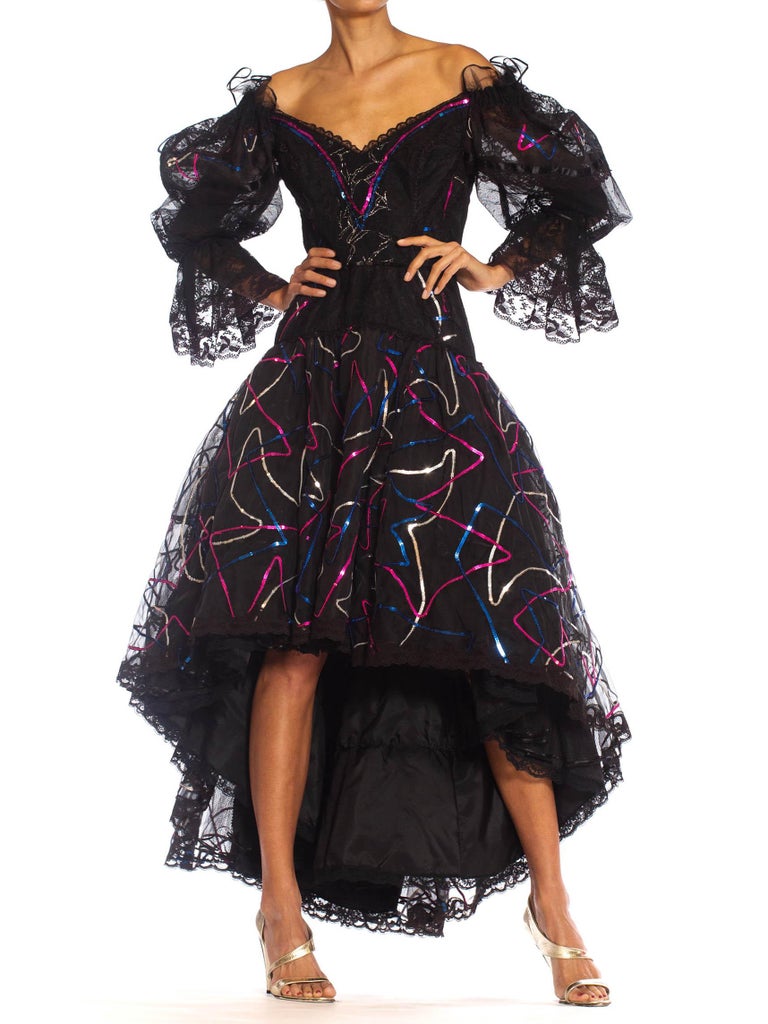 1980S PAT KERR LONDON Black Lace and Sequined Silk Organza High-Low ...