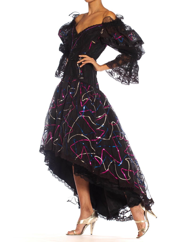 1980S PAT KERR LONDON Black Lace and Sequined Silk Organza High-Low ...