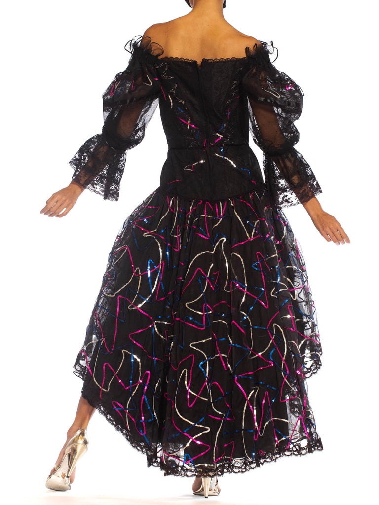 1980S PAT KERR LONDON Black Lace and Sequined Silk Organza High-Low ...