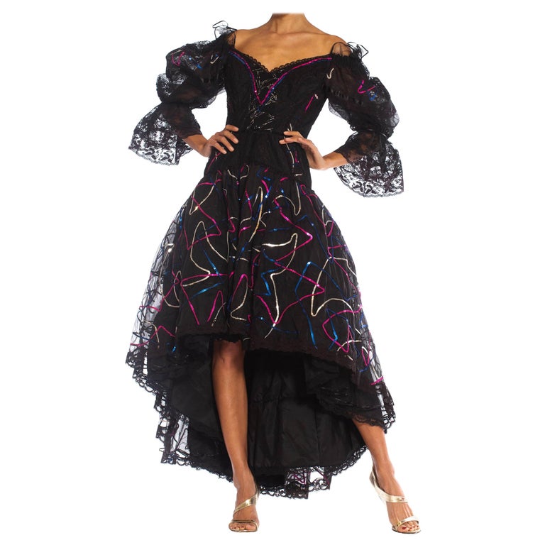 1980S PAT KERR LONDON Black Lace and Sequined Silk Organza High-Low ...