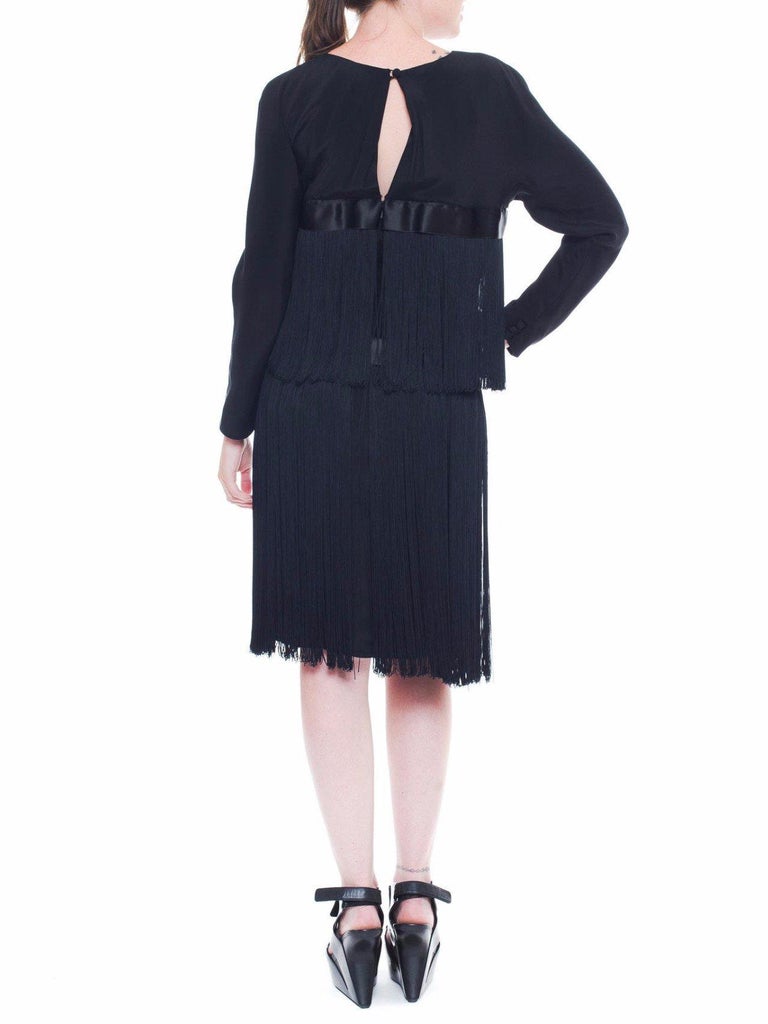 1980S PETER KEPPLER Black Silk Faille Long Sleeve Fringed Cocktail ...