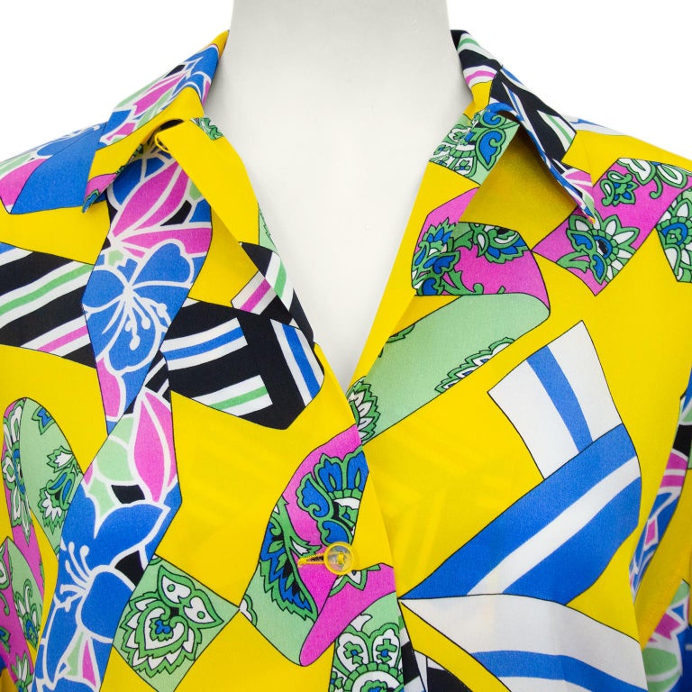 1980s Pierre Balmain Yellow Print Blouse For Sale at 1stDibs