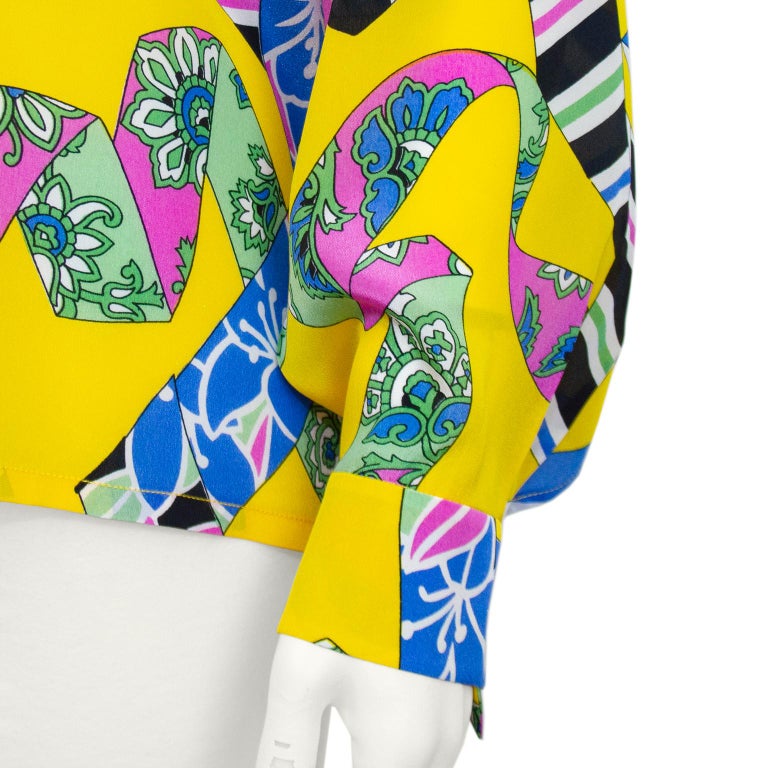 1980s Pierre Balmain Yellow Print Blouse For Sale at 1stDibs