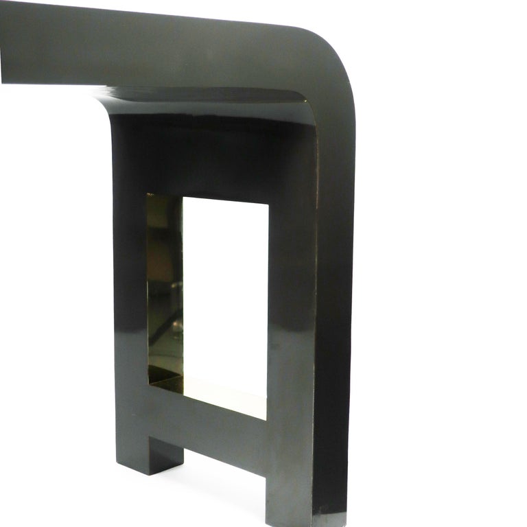 1980s Postmodern Gray and Brass Laminate Waterfall Console Table at 1stDibs