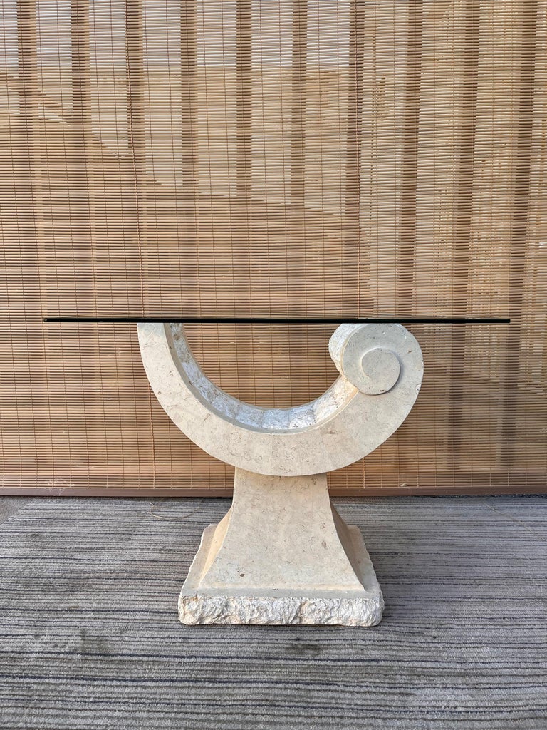 1980s Postmodern Natural Mactan stone Accent / End Table with Glass Top ...