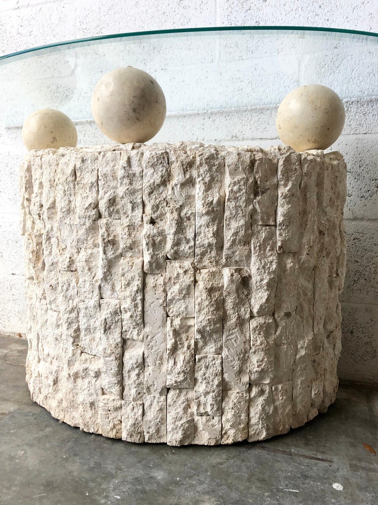 1980s Postmodern Natural Mactan Stone Rounded Entry Console /Sofa Table ...