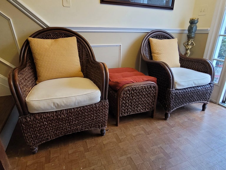 A Pair of 1980s Rattan and Rush Lounge Chairs with Ottoman Set For Sale ...