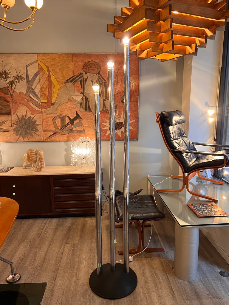 1980s Reggiani Steel Three Movable Arms Lights Holder Floor Lamp For ...