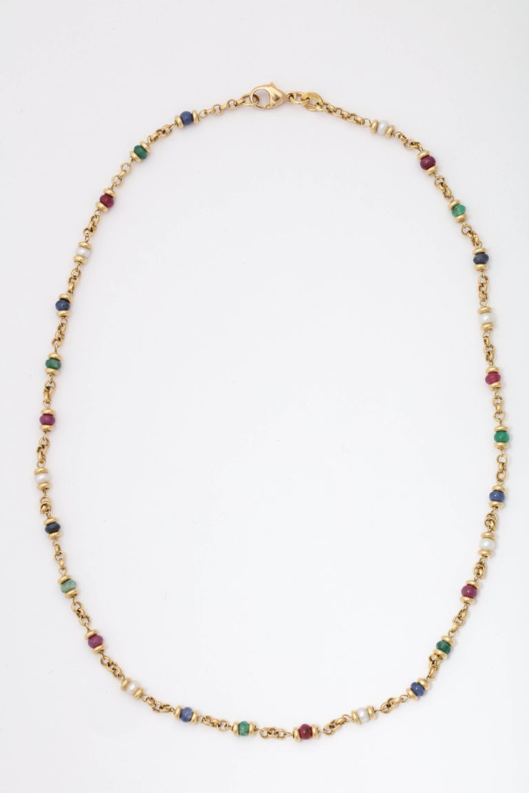 1980s Ruby, Sapphire, Emerald and Pearl Open Link Gold Chain Necklace ...