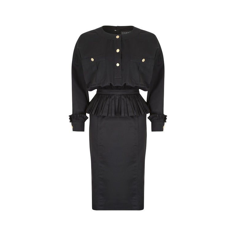 1980s Runway Chanel Black Cotton Peplum Dress For Sale at 1stDibs