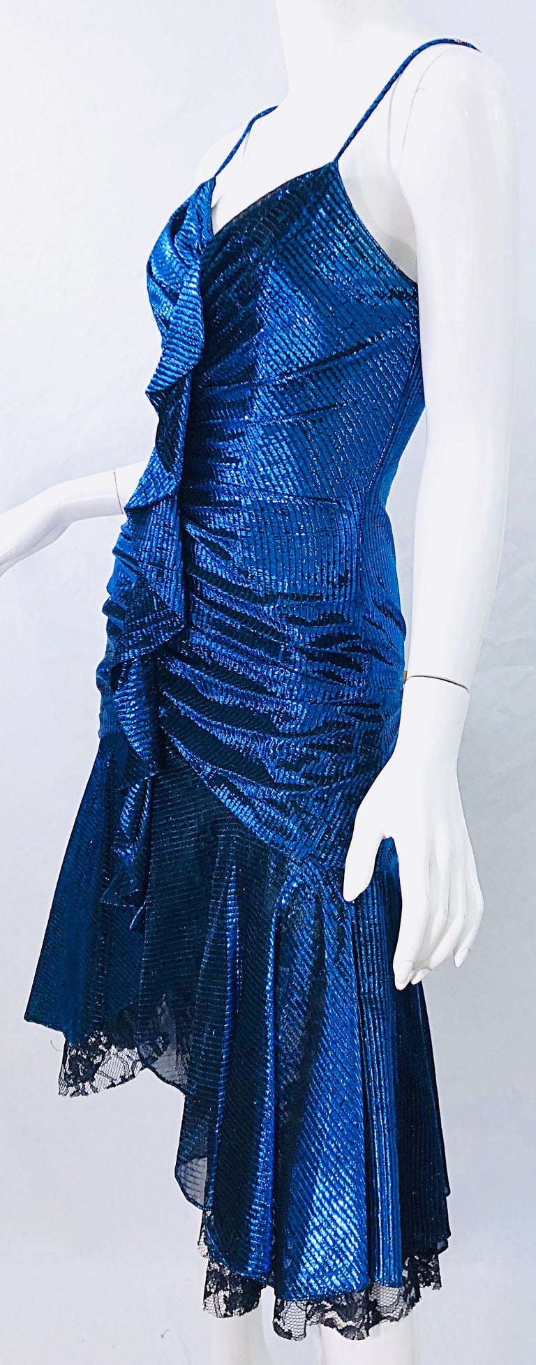 1980s Samir Electric Blue Lurex + Black Lace Handkerchief Hem Vintage ...