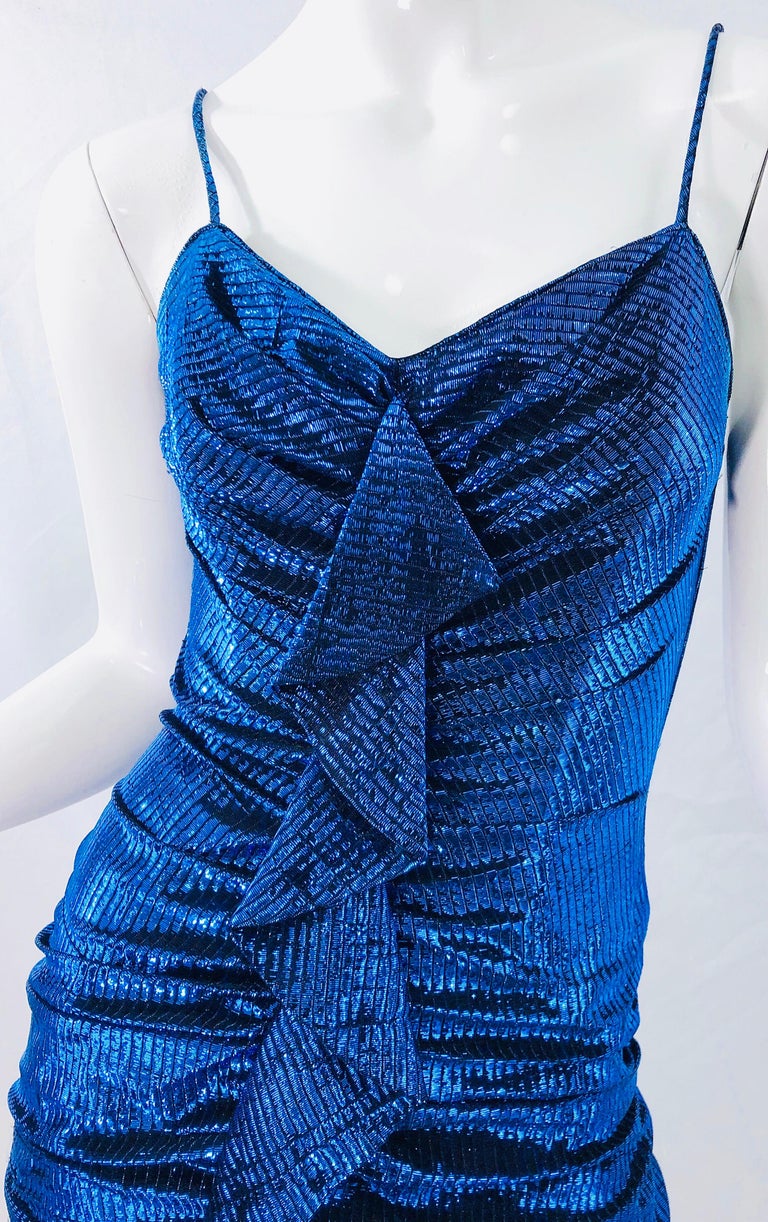 1980s Samir Electric Blue Lurex + Black Lace Handkerchief Hem Vintage ...