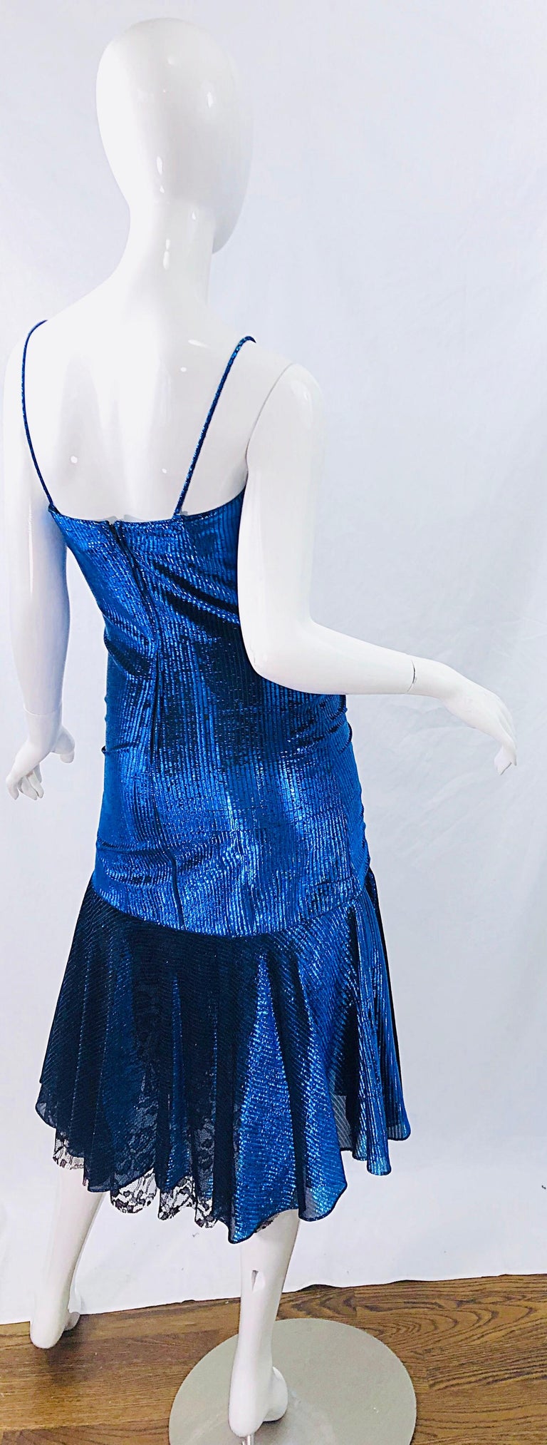 1980s Samir Electric Blue Lurex + Black Lace Handkerchief Hem Vintage ...