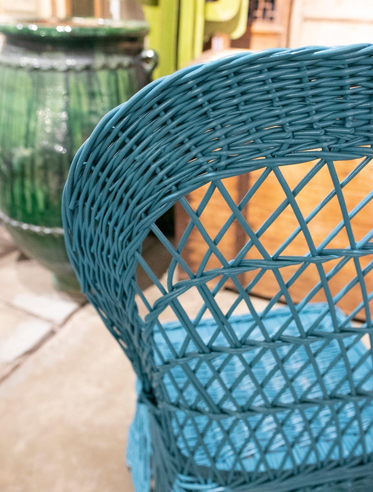 1980s Set of Four Wicker Blue Painted Armchairs For Sale at 1stDibs