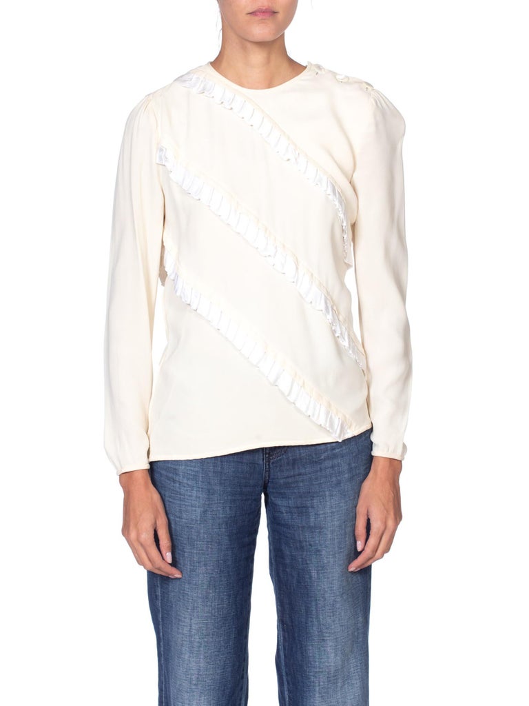 1980'S Ivory Silk Crepe Top With Pleated Ruffles And Shell Buttons For ...