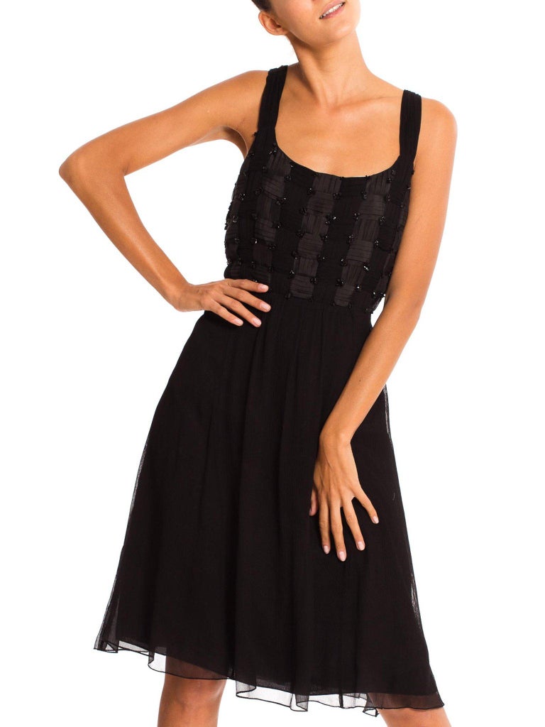1980'S Black Silk Mousseline and Satin Basket-Weave Bodice Cocktail ...