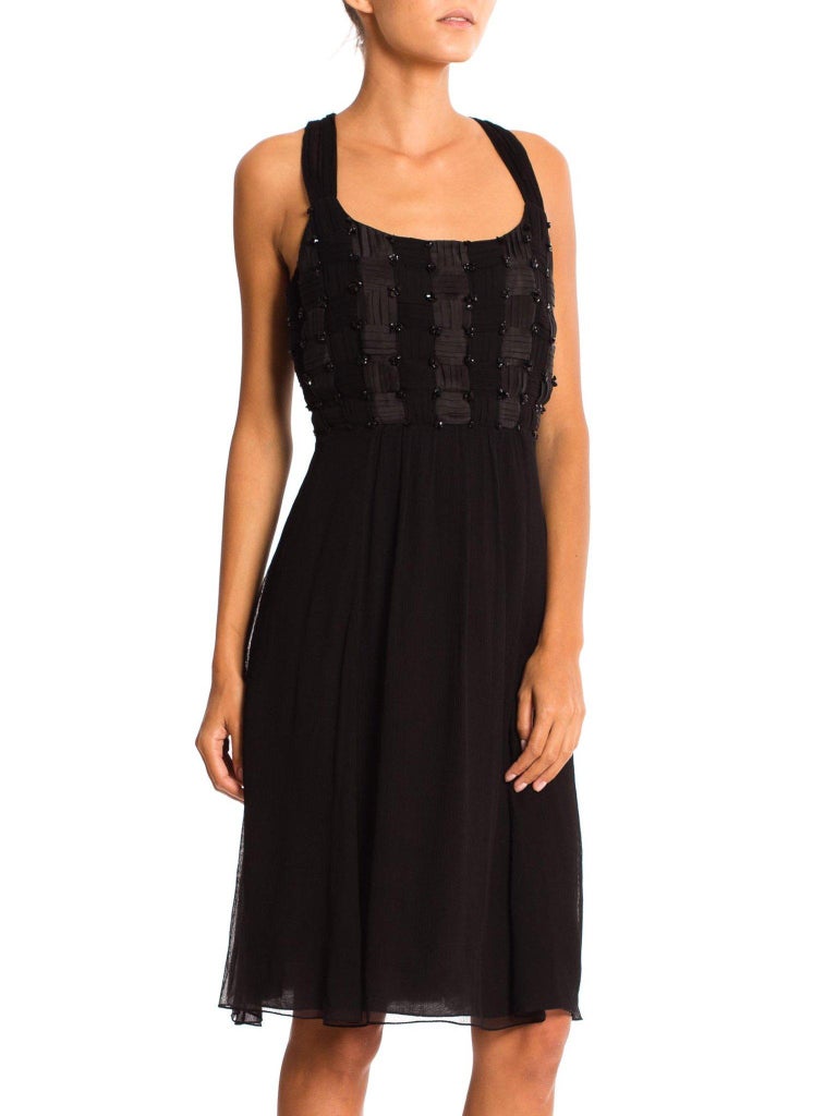 1980'S Black Silk Mousseline and Satin Basket-Weave Bodice Cocktail ...