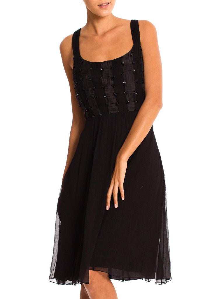 1980'S Black Silk Mousseline and Satin Basket-Weave Bodice Cocktail ...
