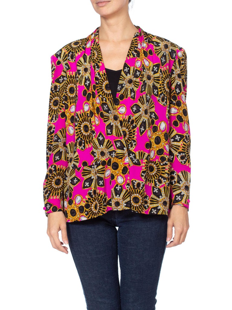 1980S Silky Poly Top With YSL Style Costume Jewelry Bling Print at 1stDibs