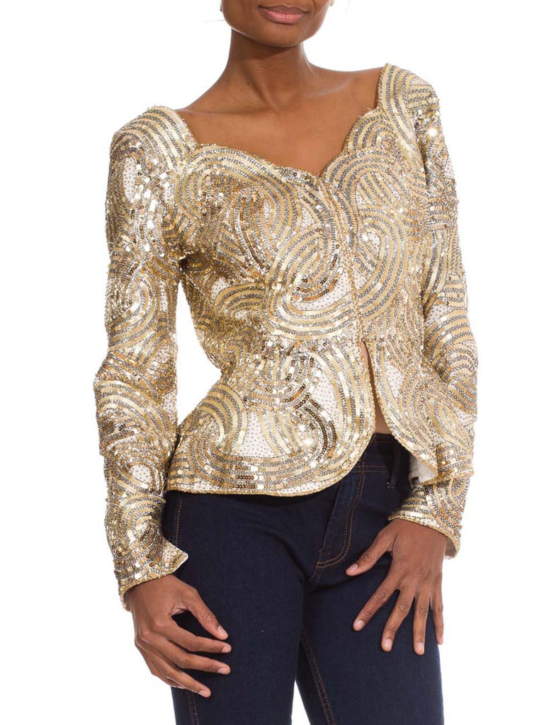 1980S Silver and Gold Beaded "Dynasty" Style Long Sleeve Jacket Top ...