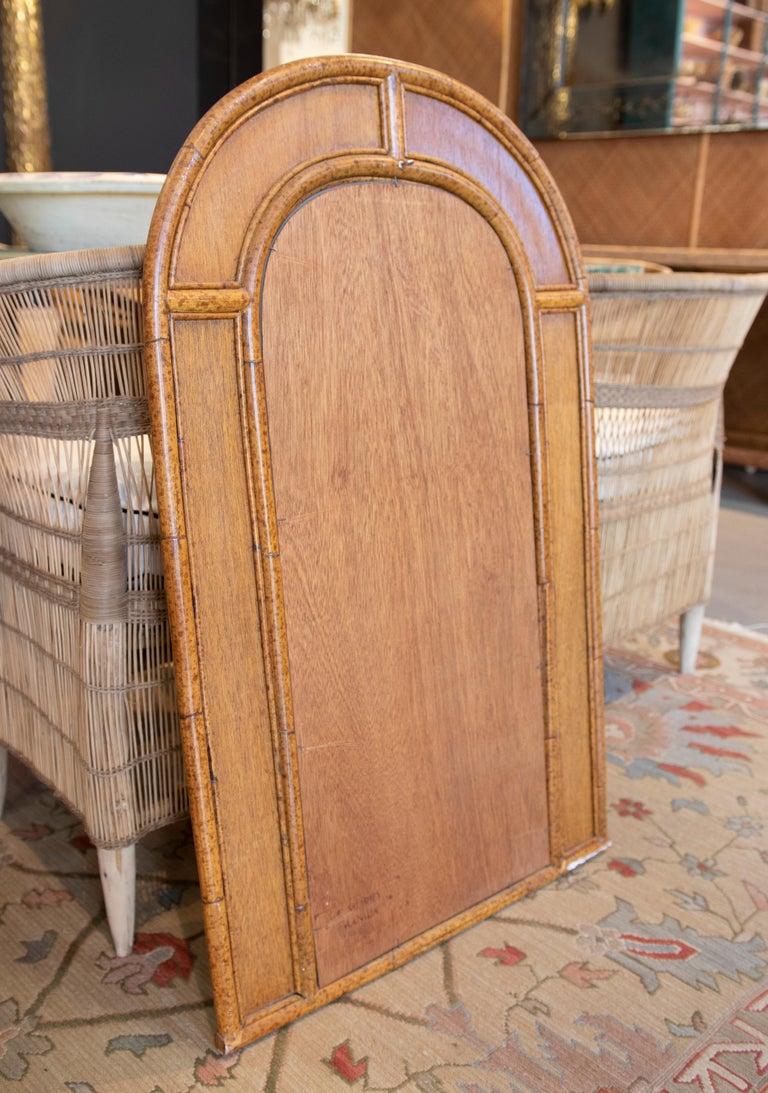 1980s Spanish Arched Bamboo and Cane Wall Mirror w/ Indigo Panels For ...