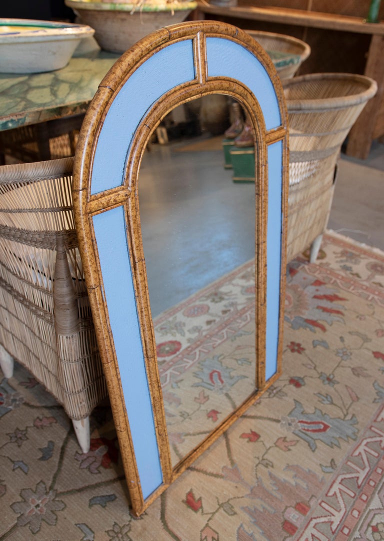 1980s Spanish Arched Bamboo and Cane Wall Mirror w/ Indigo Panels For ...
