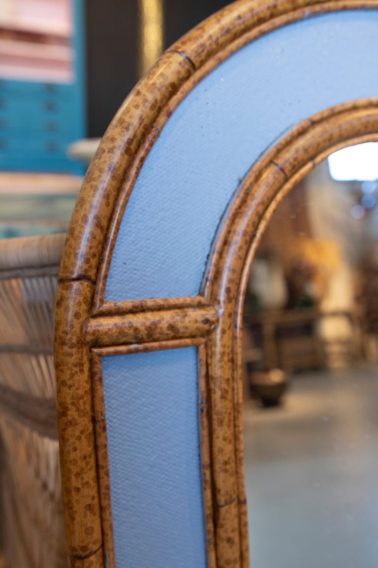 1980s Spanish Arched Bamboo and Cane Wall Mirror w/ Indigo Panels For ...