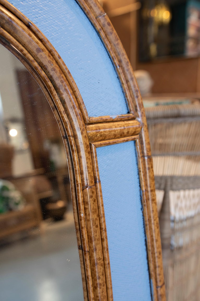 1980s Spanish Arched Bamboo and Cane Wall Mirror w/ Indigo Panels For ...