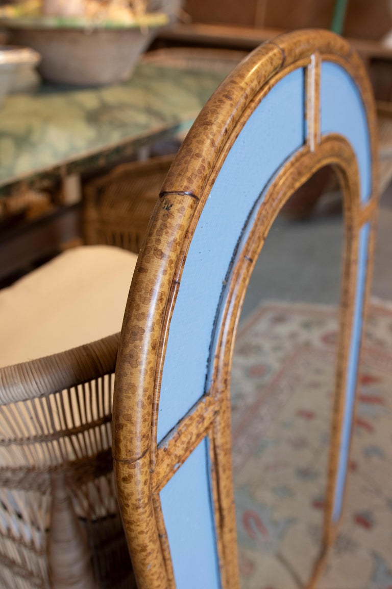 1980s Spanish Arched Bamboo and Cane Wall Mirror w/ Indigo Panels For ...