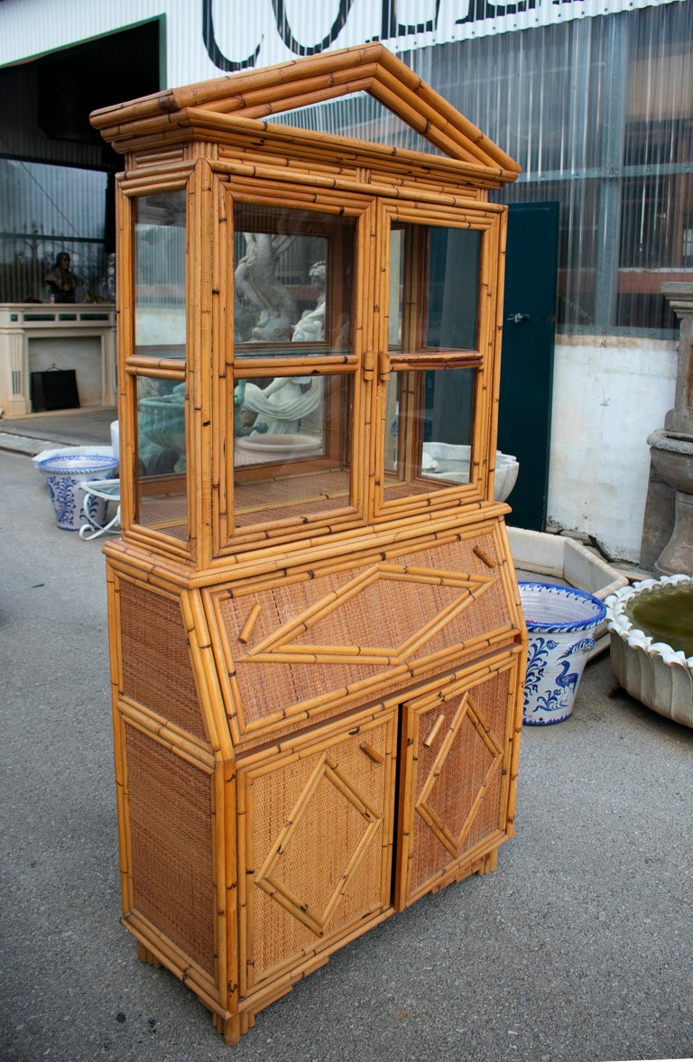 1980s Spanish Bamboo and Rattan Two-Piece Secretary Desk Bookcase For ...