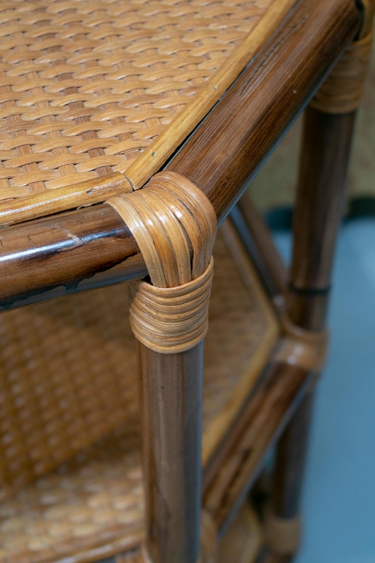 1980s Spanish Bamboo and Wicker 2-Shelve Side Table at 1stDibs