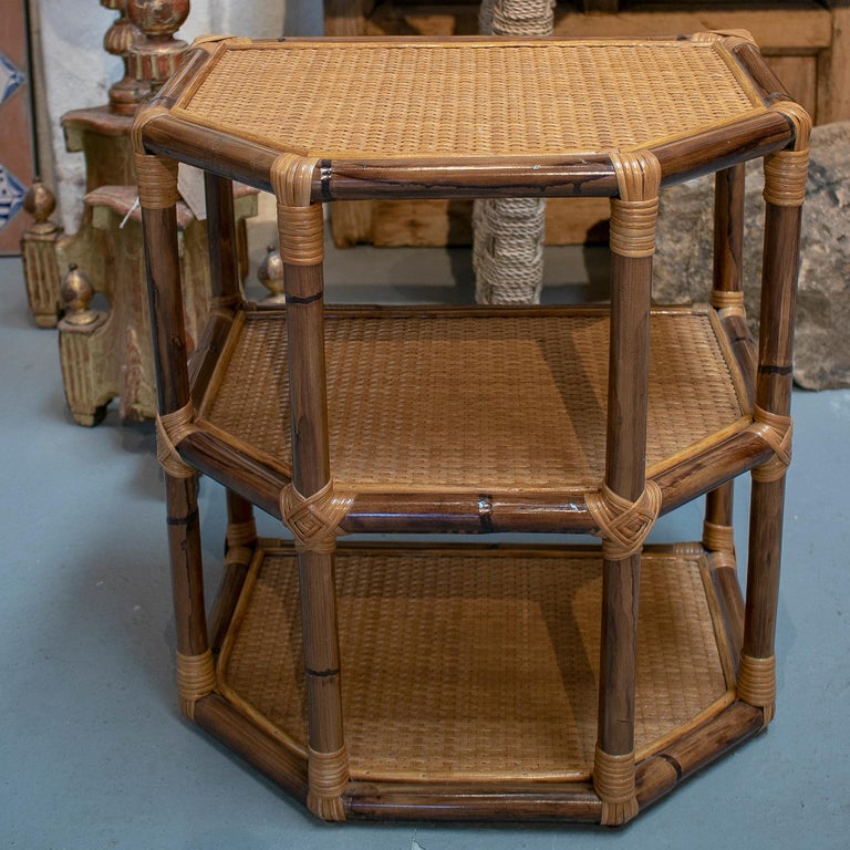 1980s Spanish Bamboo and Wicker 2-Shelve Side Table at 1stDibs