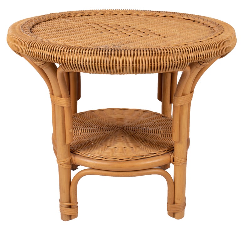 1980s Spanish Bamboo and Wicker Round Side Table at 1stDibs