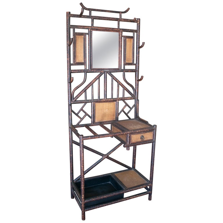 1980s Spanish Bamboo Coat Rack w/ Mirror and One Drawer Table For Sale ...