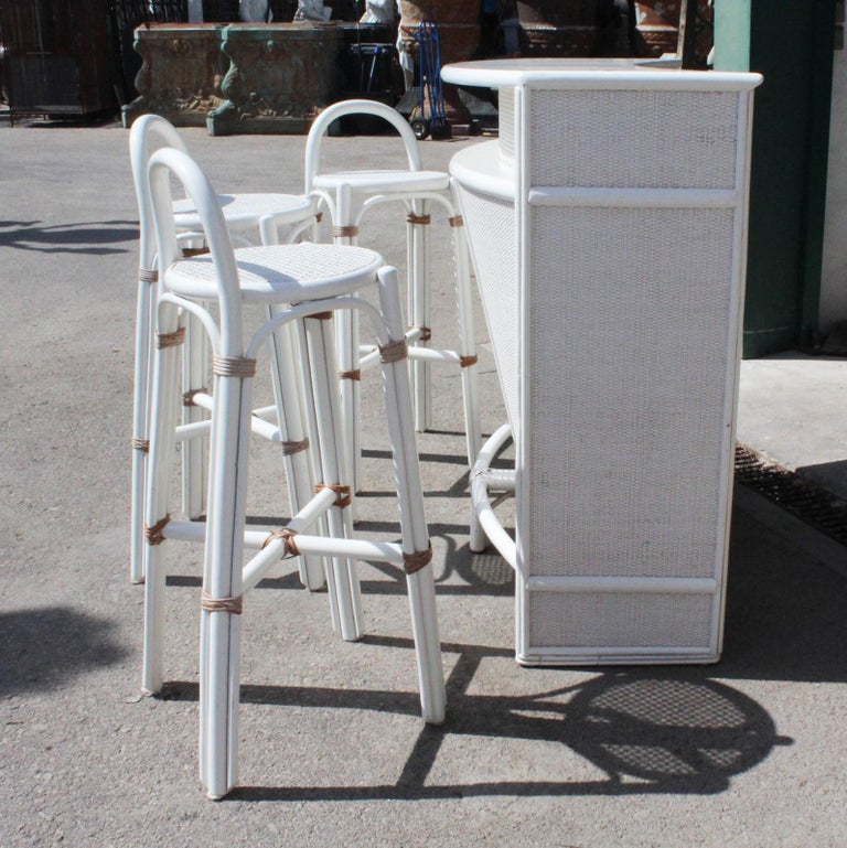 1980s Spanish Bamboo, Wood and Rattan Mini Bar Furniture with Three ...