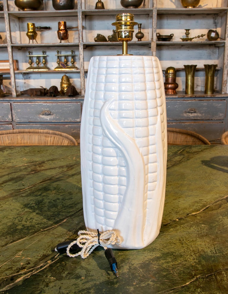 1980s Spanish Ceramic Glaced Lamp with Corn Form in White Color For ...