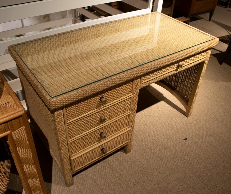 1980s Spanish Four Drawer Wood and Wicker Office Desk w/ Glass Top For ...