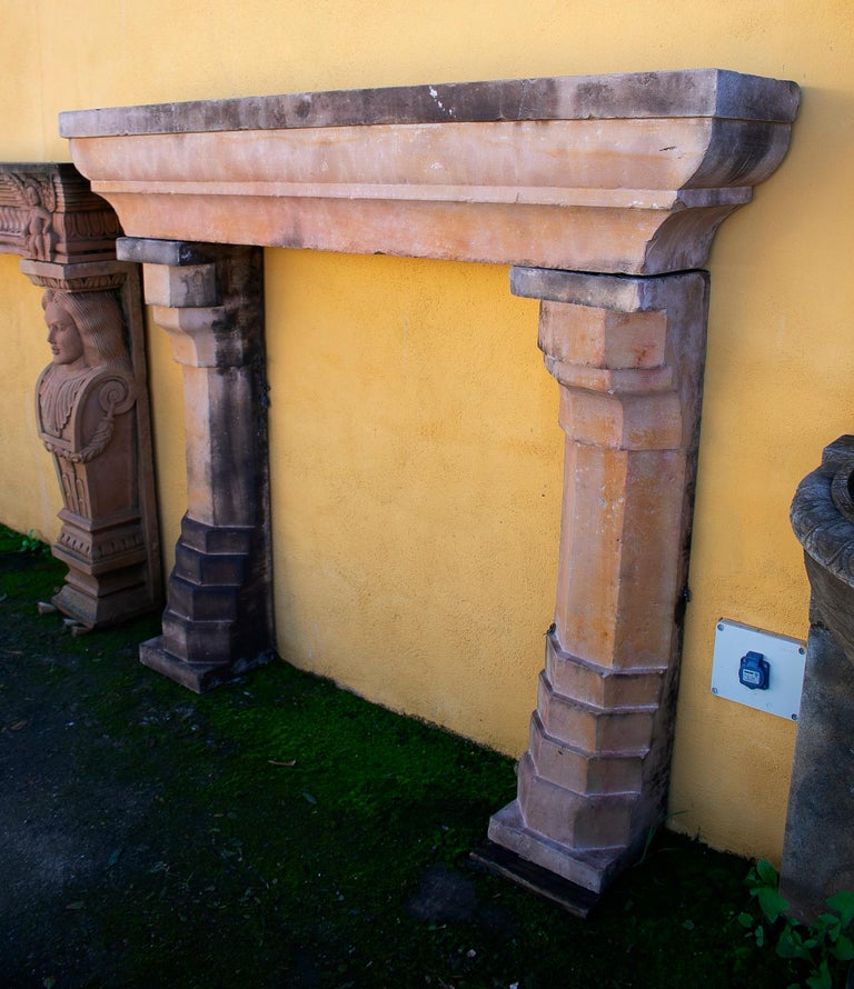 1980s Spanish Hand Carved Sandstone Fireplace Mantle For Sale at 1stDibs
