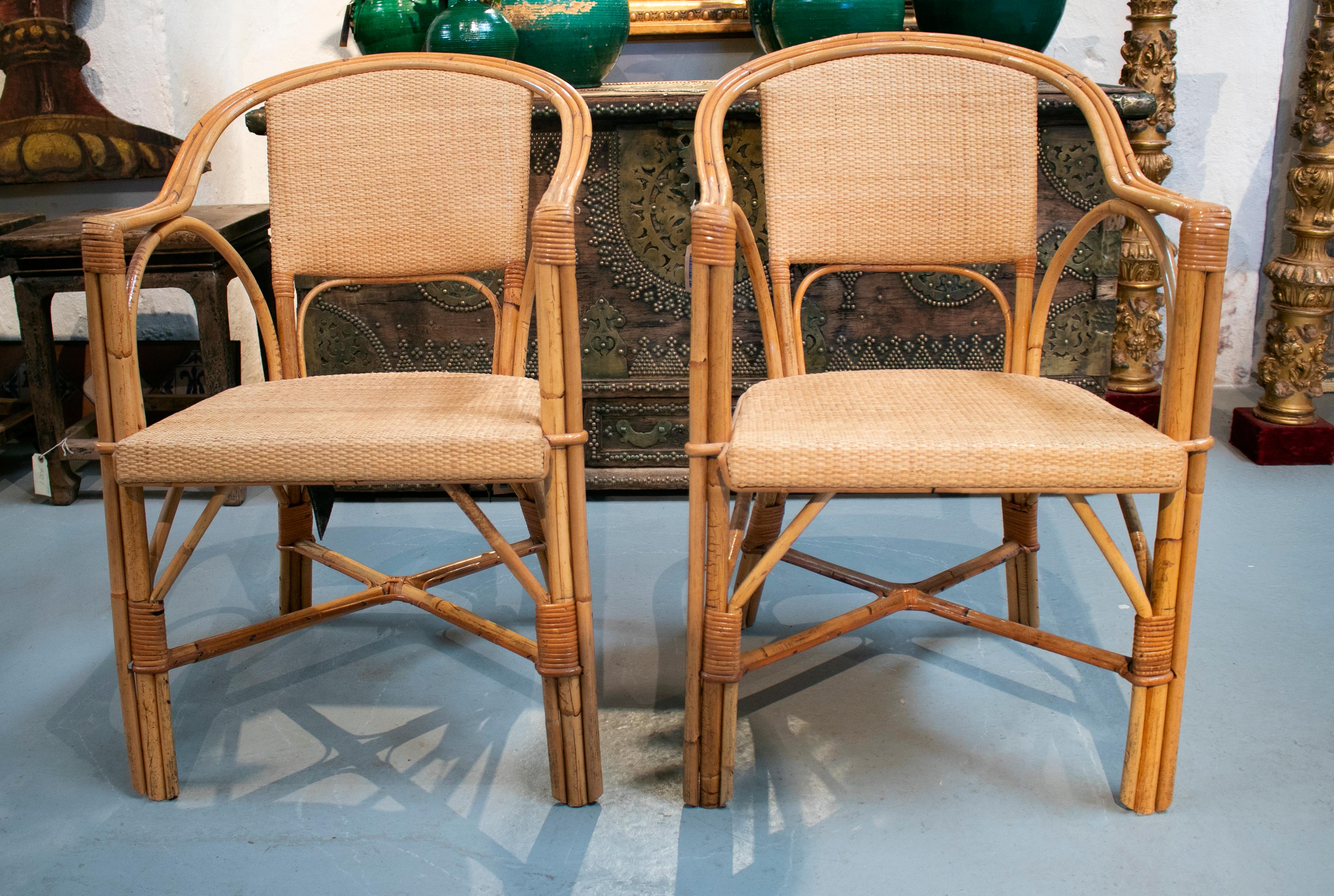 1980s Spanish Pair of Bamboo and Rattan Armchairs For Sale at 1stDibs
