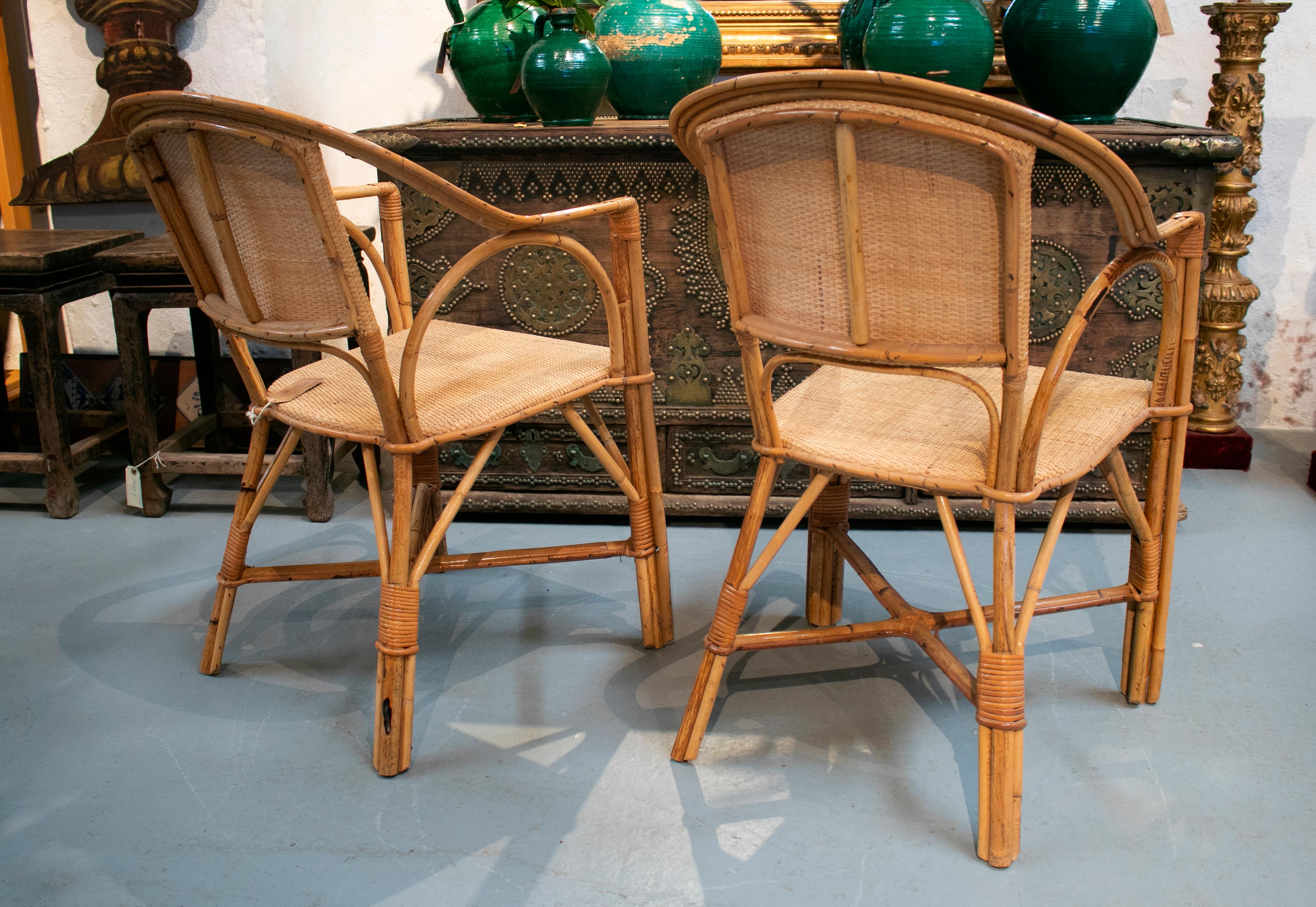 1980s Spanish Pair of Bamboo and Rattan Armchairs For Sale at 1stDibs