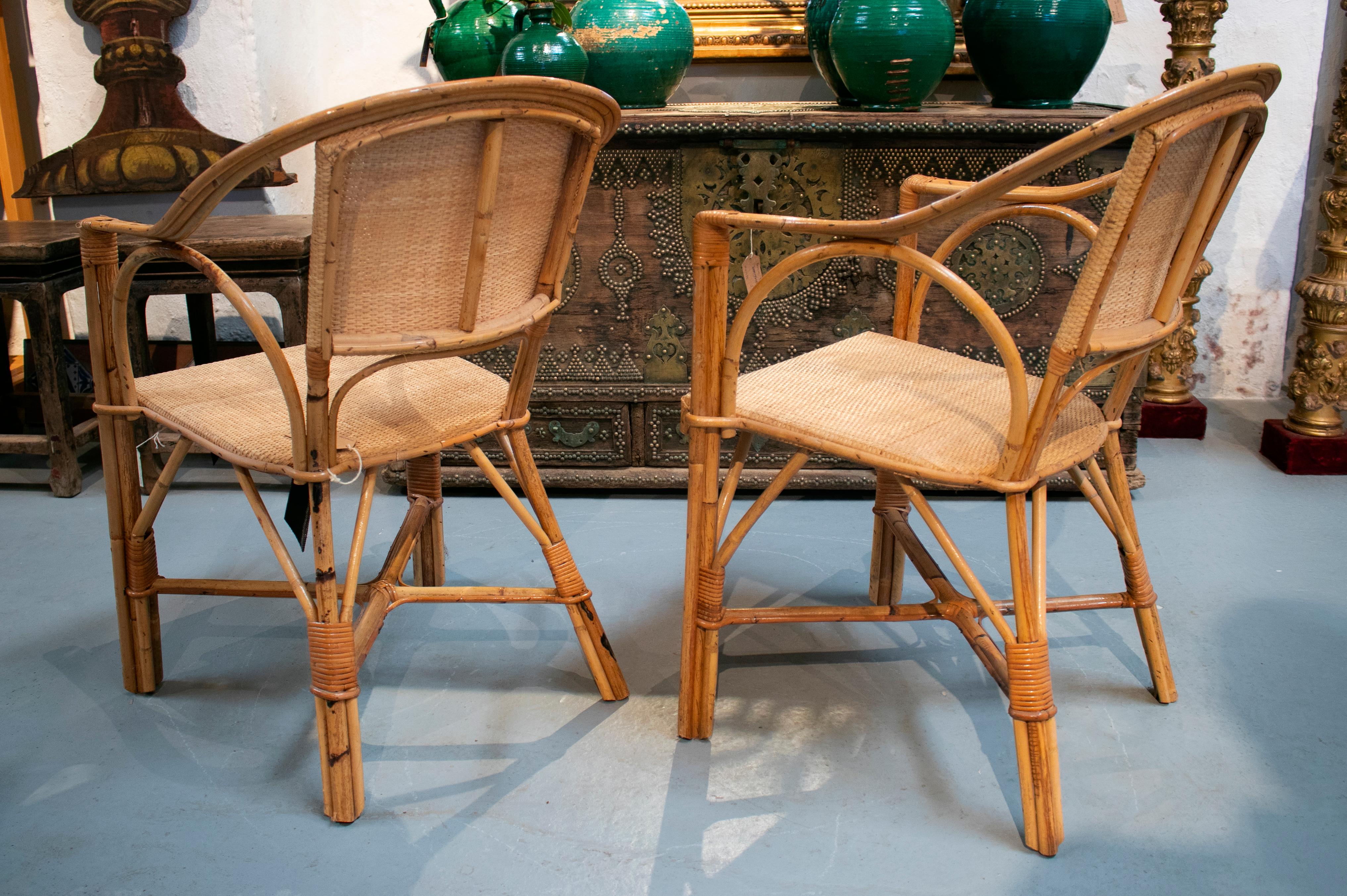 1980s Spanish Pair of Bamboo and Rattan Armchairs For Sale at 1stDibs