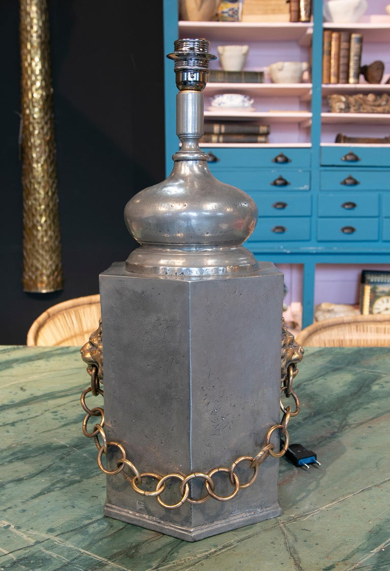 1980s Spanish Pewter and Bronze Table Lamp w/ Lion Head Macaroons at ...