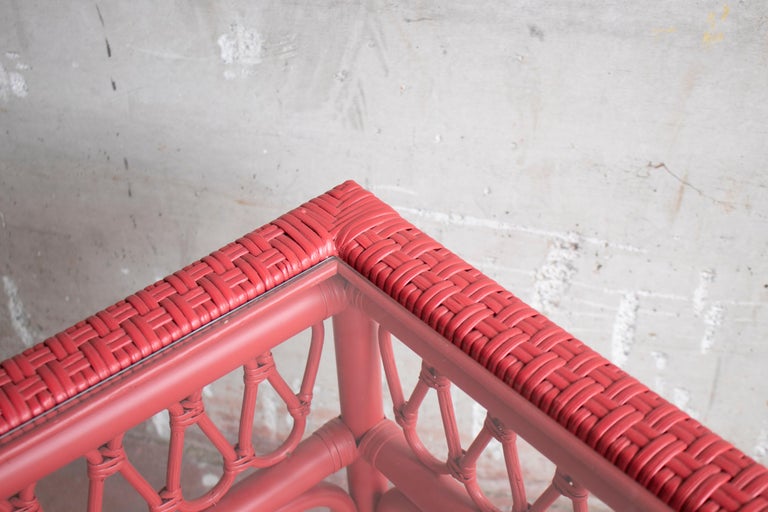 1980s Spanish Red Lacquered Lace Wicker Square Side Table with Glass ...