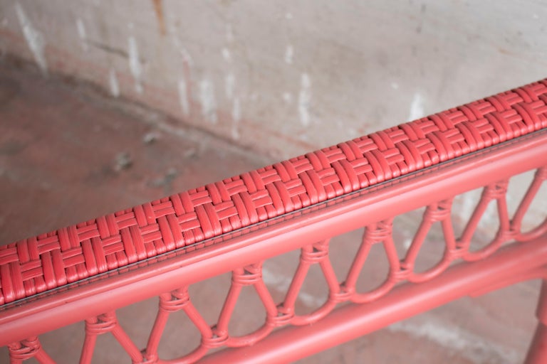 1980s Spanish Red Lacquered Lace Wicker Square Side Table with Glass ...