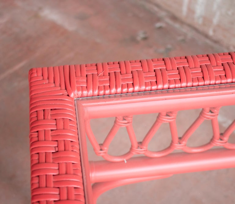 1980s Spanish Red Lacquered Lace Wicker Square Side Table with Glass ...